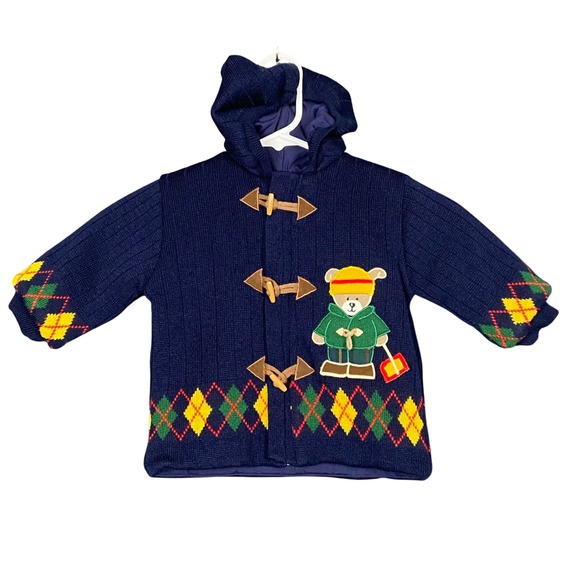 Shirts & Tops | Vintage Kids Navy Blue Hooded Cardigan Bear Argyle ...